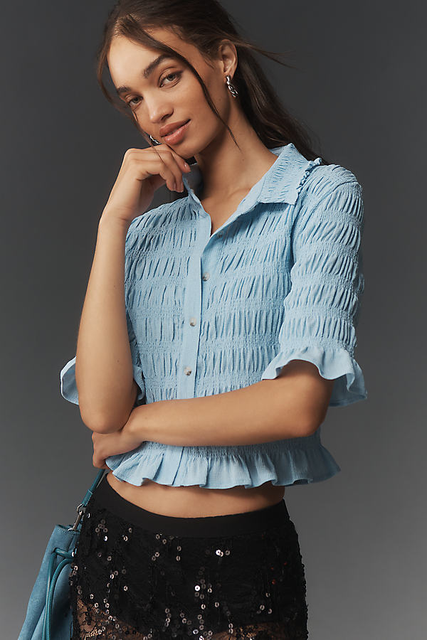 MAEVE Smocked Button-Front Top